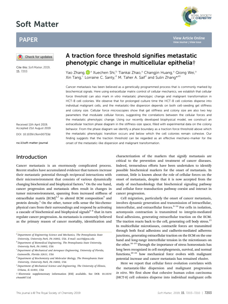 A Traction Force Threshold Signifies Metastatic Phenotypic Change in ...