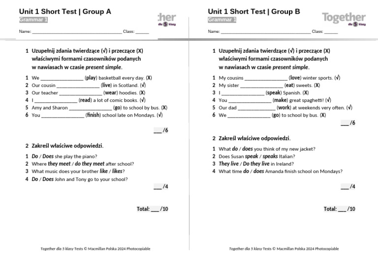 Together kl5 Short Test U1 Grammar 1 AB | PDF