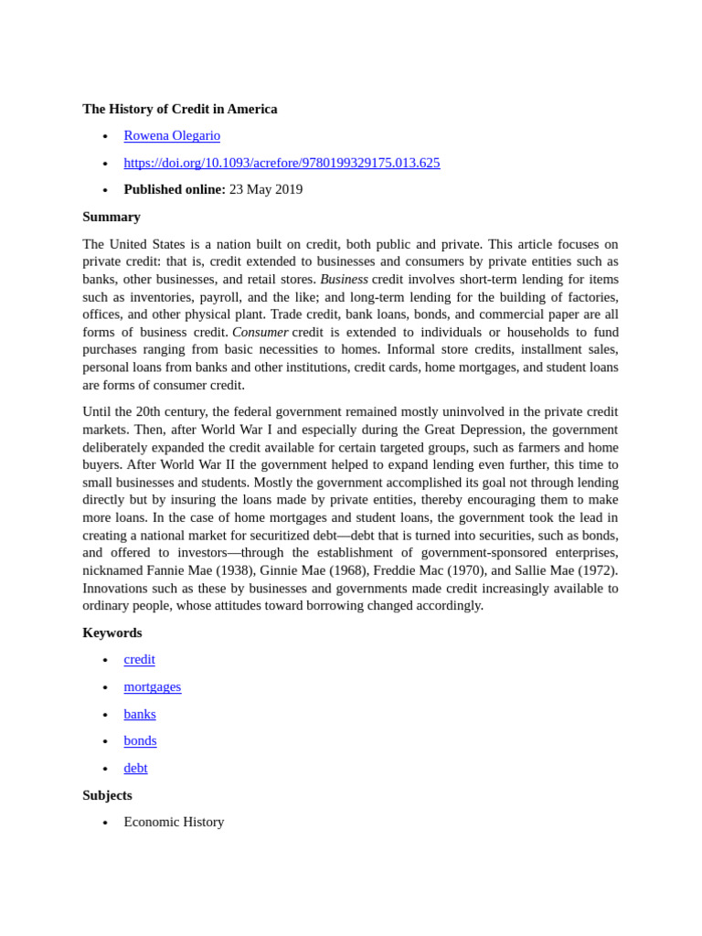 The History of Credit in North America | PDF | Fannie Mae | Mortgages