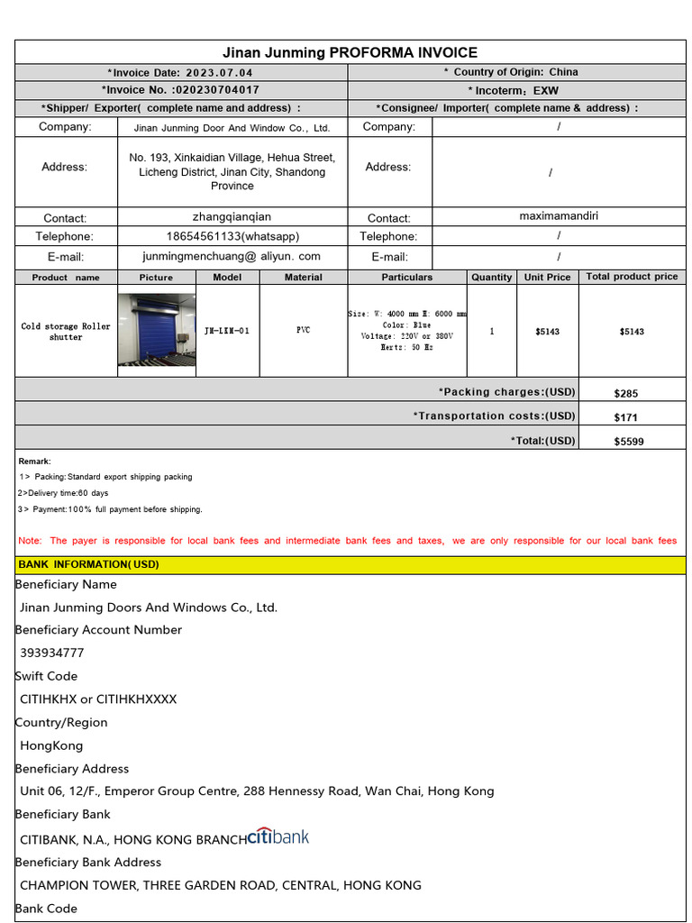 Jinan Junming Door and Window Co LTD - 7 | PDF | Invoice