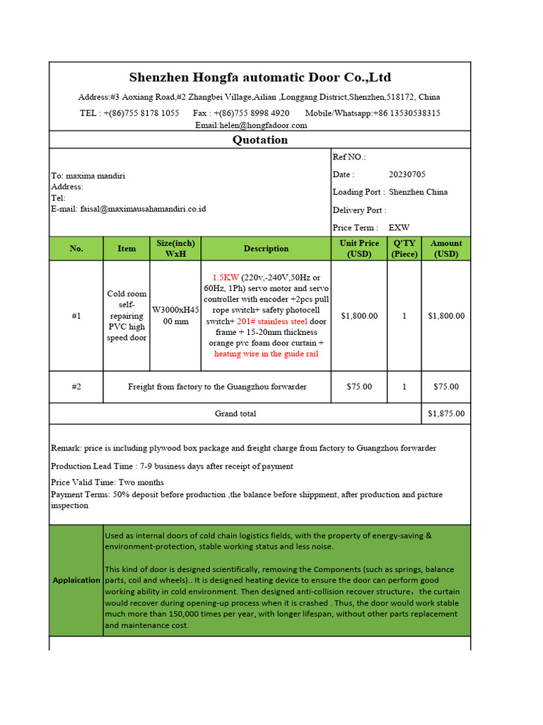 Freezer Door Quotation | PDF | Curtain | Materials