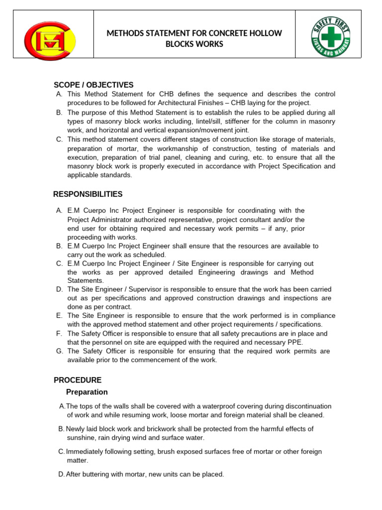 Emci Method Statement for Chb Laying | PDF | Concrete | Masonry