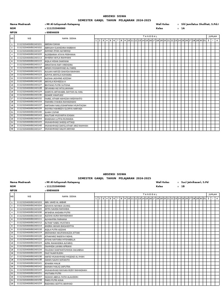 FORM Absensi Siswa Kelas X 2022 2023 | PDF