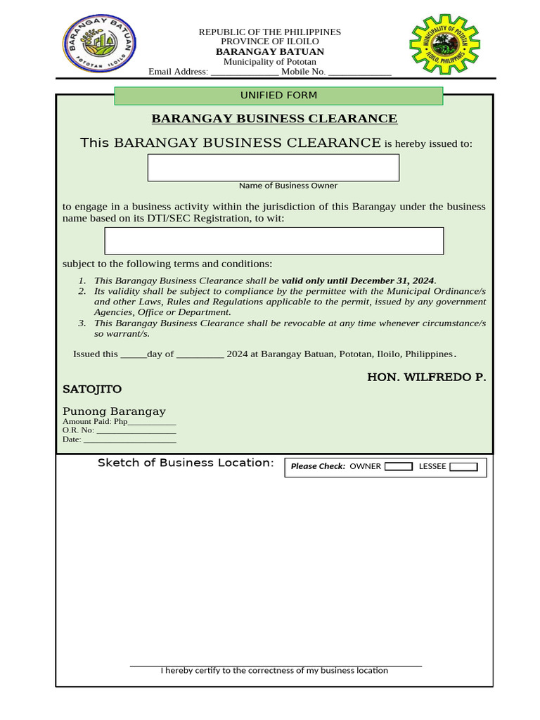 Barangay Business Clearance Form | PDF