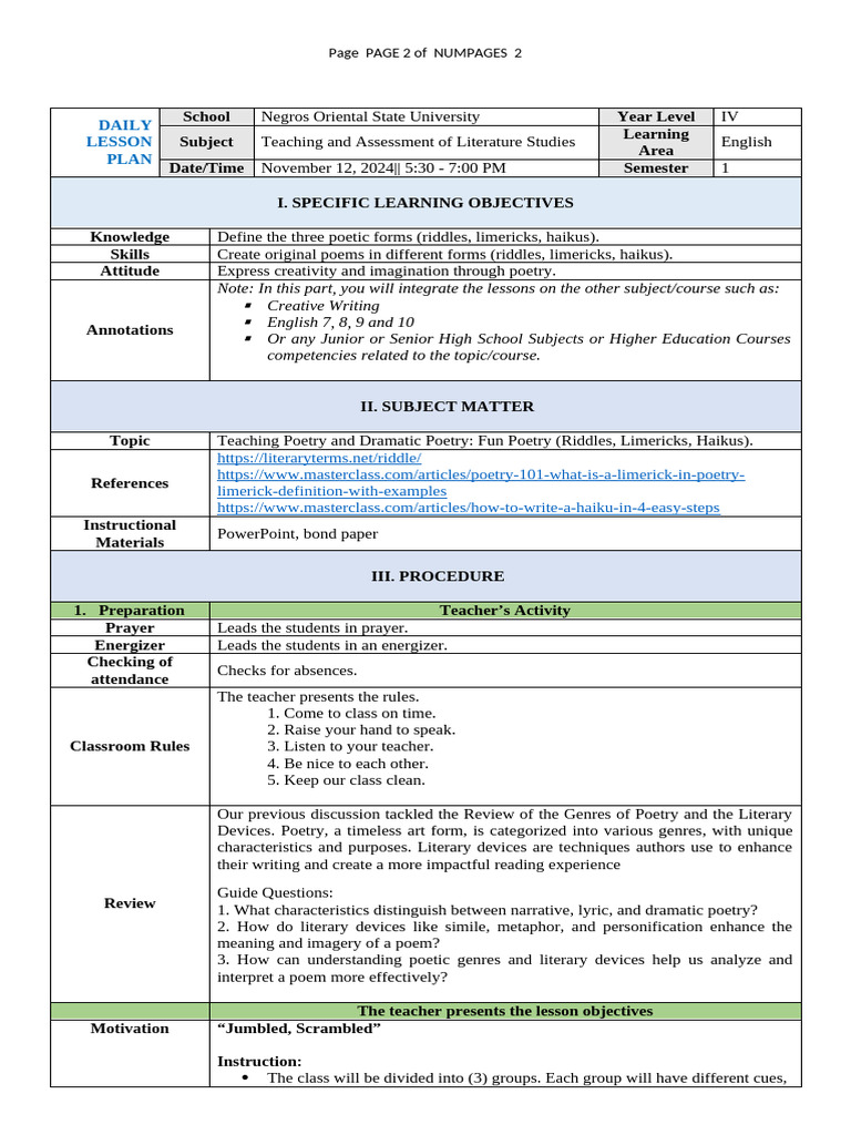 Fun Poetry Lesson Plan | PDF | Poetry | Haiku