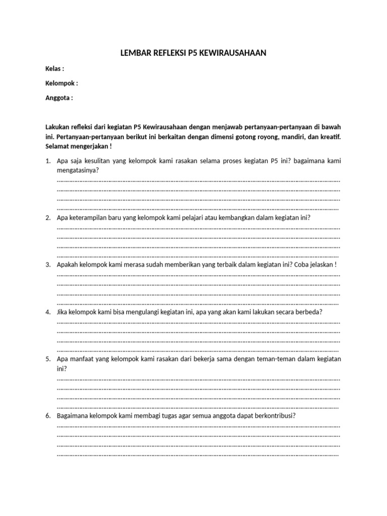 Refleksi Kegiatan P5 Kewirausahaan | PDF | Karier & Perkembangan