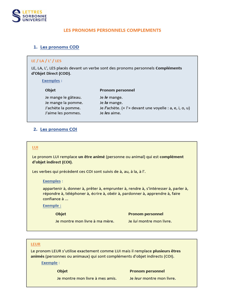 Unité 1, Environnement 2, Les Pronoms | PDF | Complément d'objet | Pronom