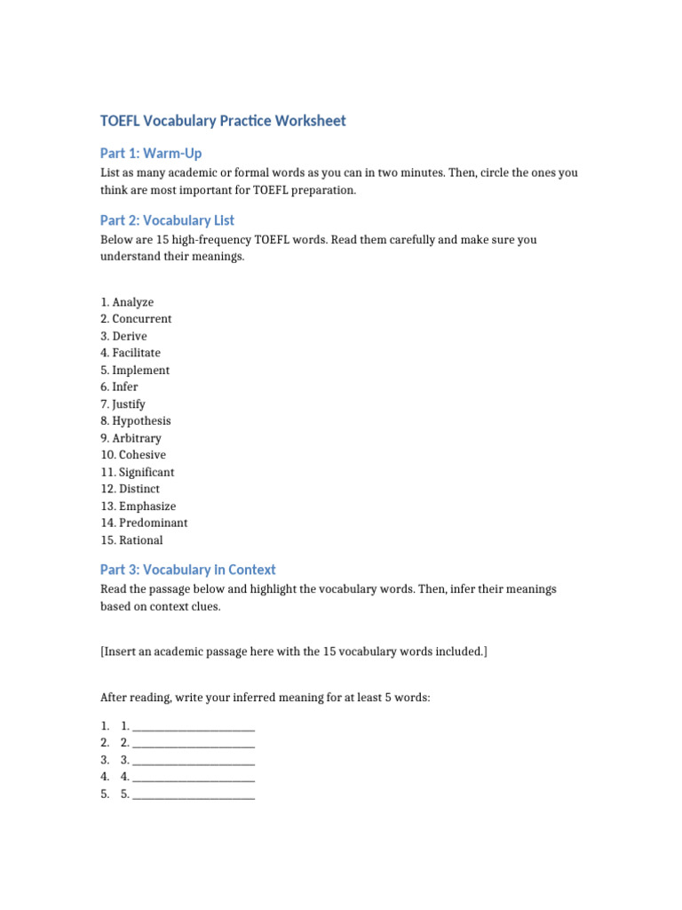 TOEFL Vocabulary Practice Worksheet | PDF