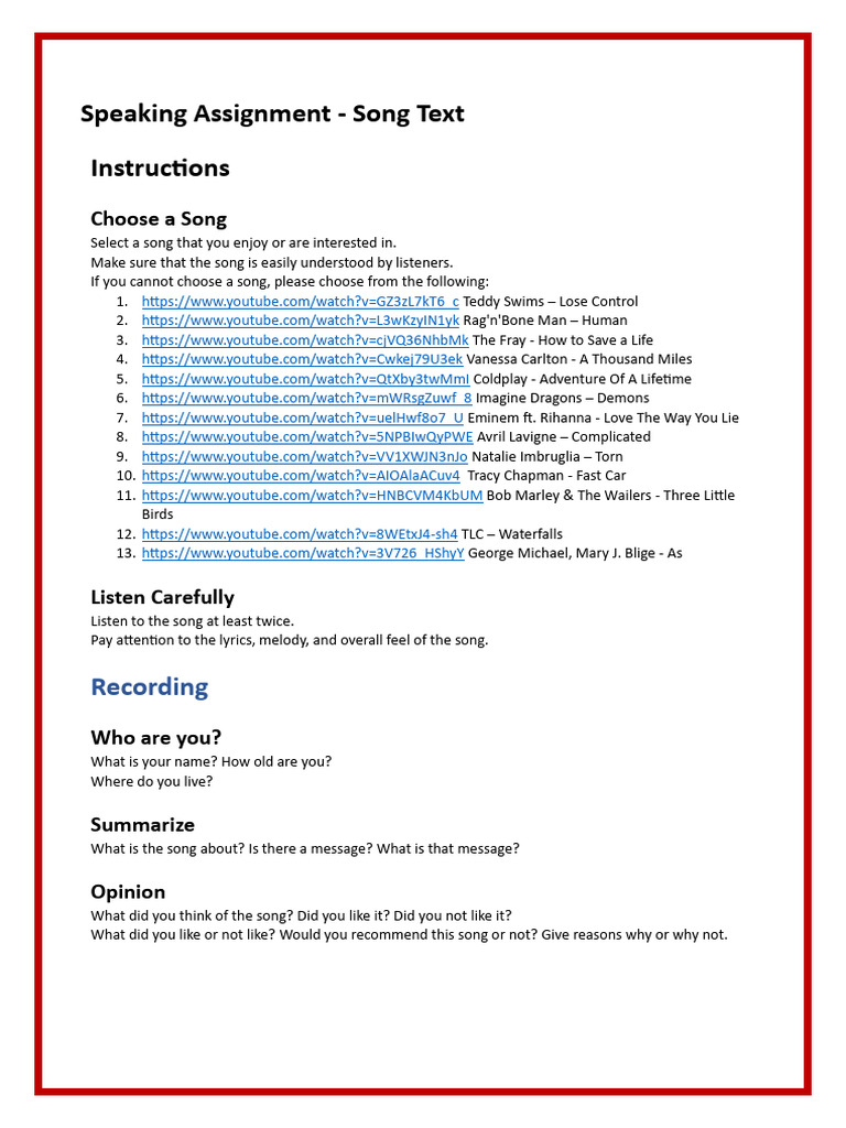 Speaking Assignment - Song Text | PDF