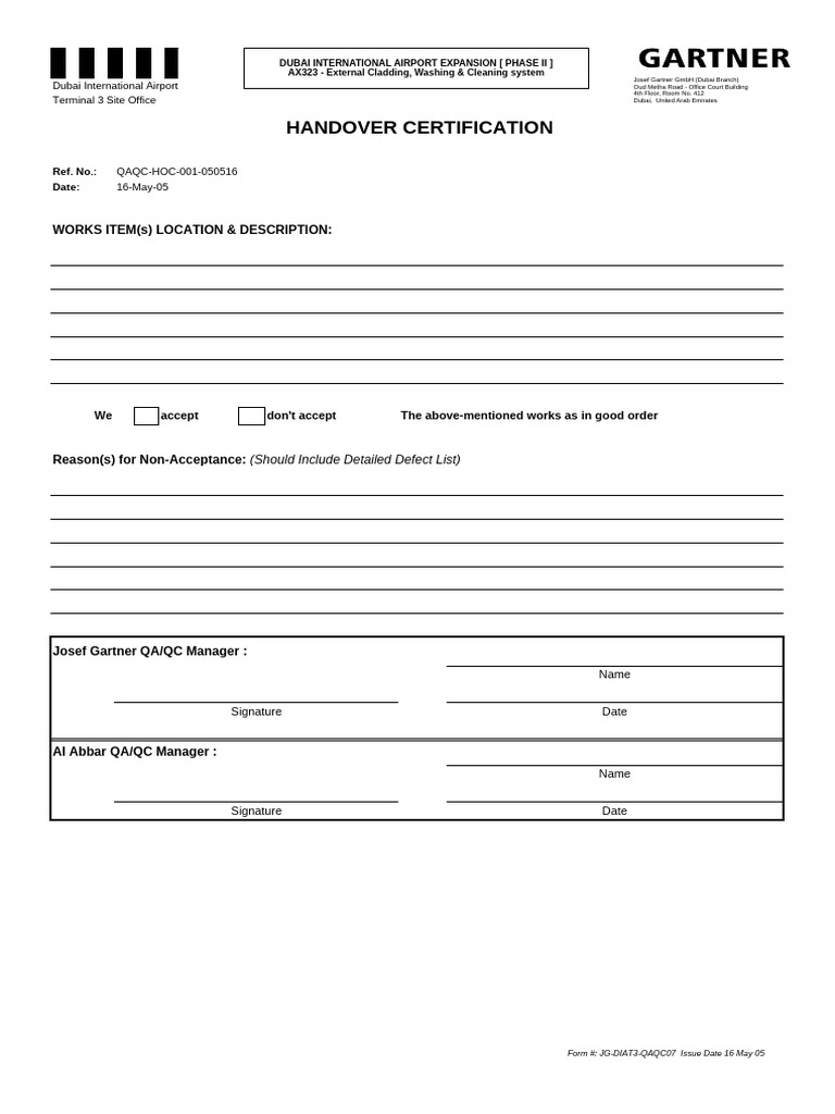 QAQC07-Handover Certification-R00-050516 | PDF