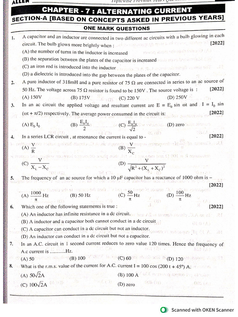 Alternating Current - Work Sheet | PDF