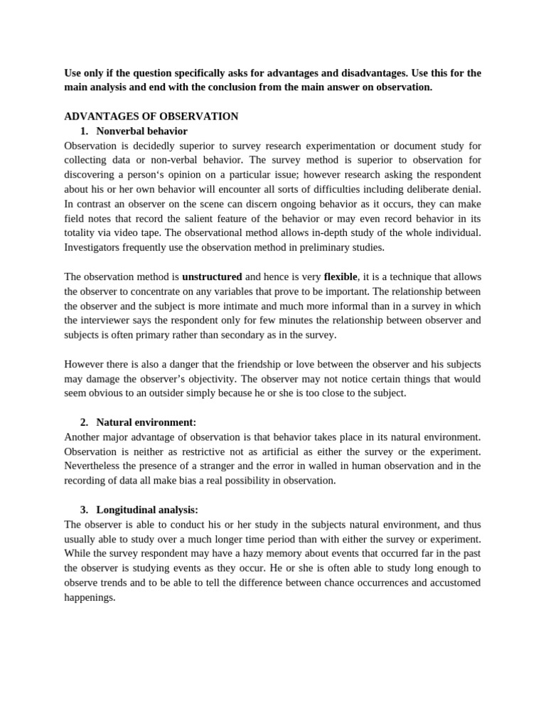 Advantages and Disadvantages of Observation | PDF | Survey Methodology ...