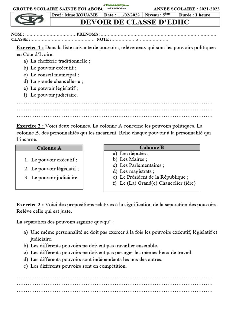 Devoir EDHC 5ème - 1 | PDF