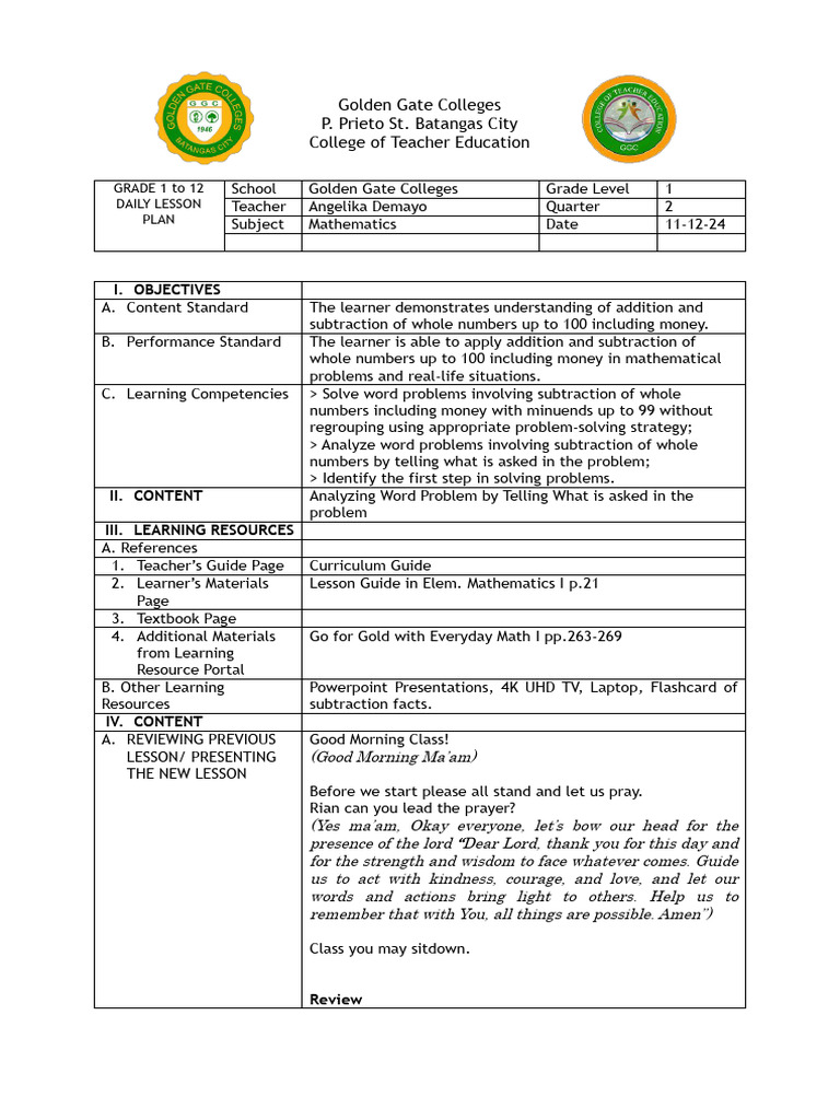 Lesson Plan in Mathematics | PDF | Learning