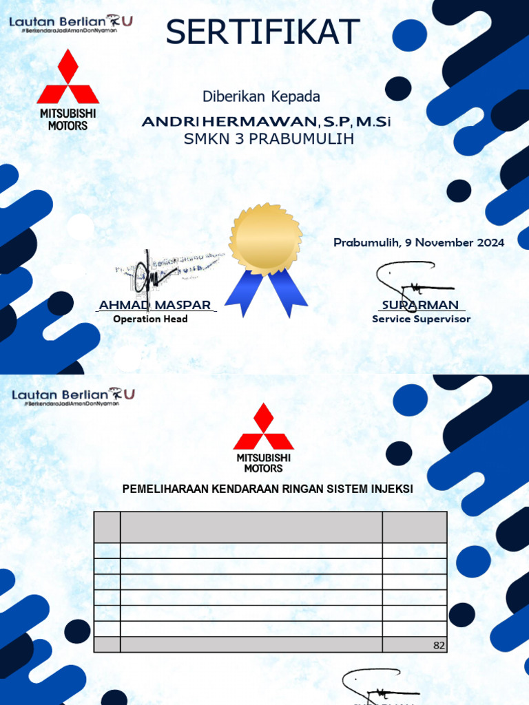 Sertifikat Andi Magang Mitshubishi | PDF