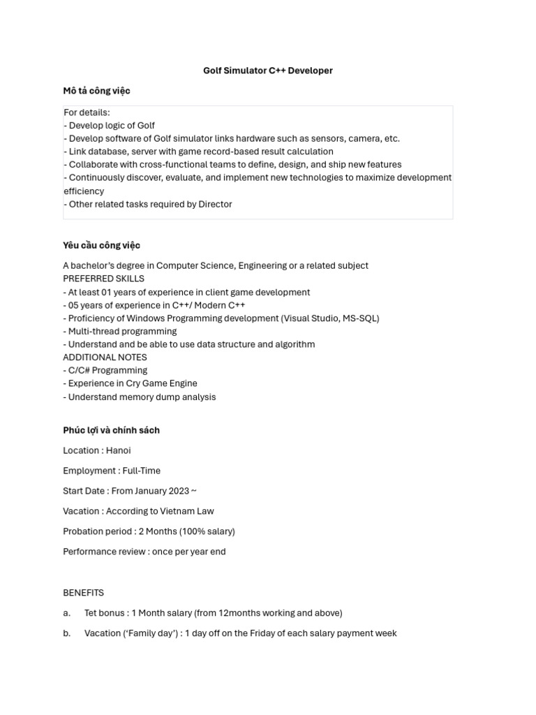 C++ Developer for Golf Simulator Role | PDF