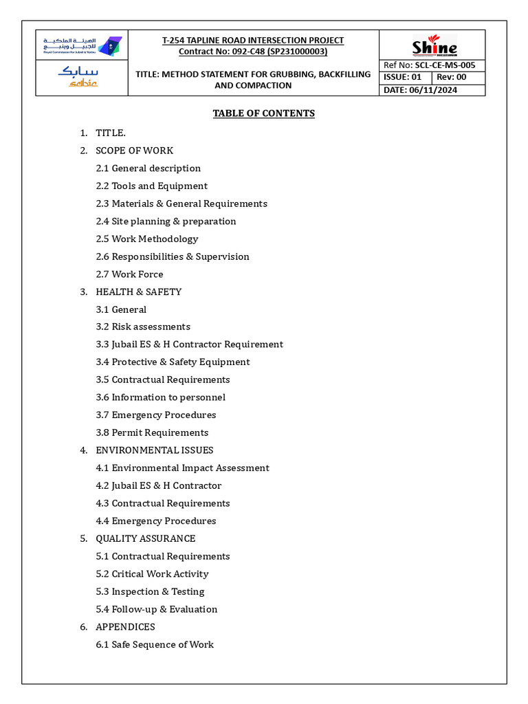 Method Statement For Grubbing Backfilling and Compaction | PDF ...
