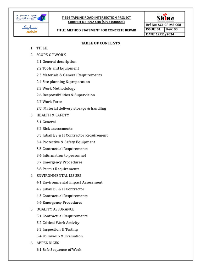 Concrete Repair Method Statement | PDF | Concrete | Road