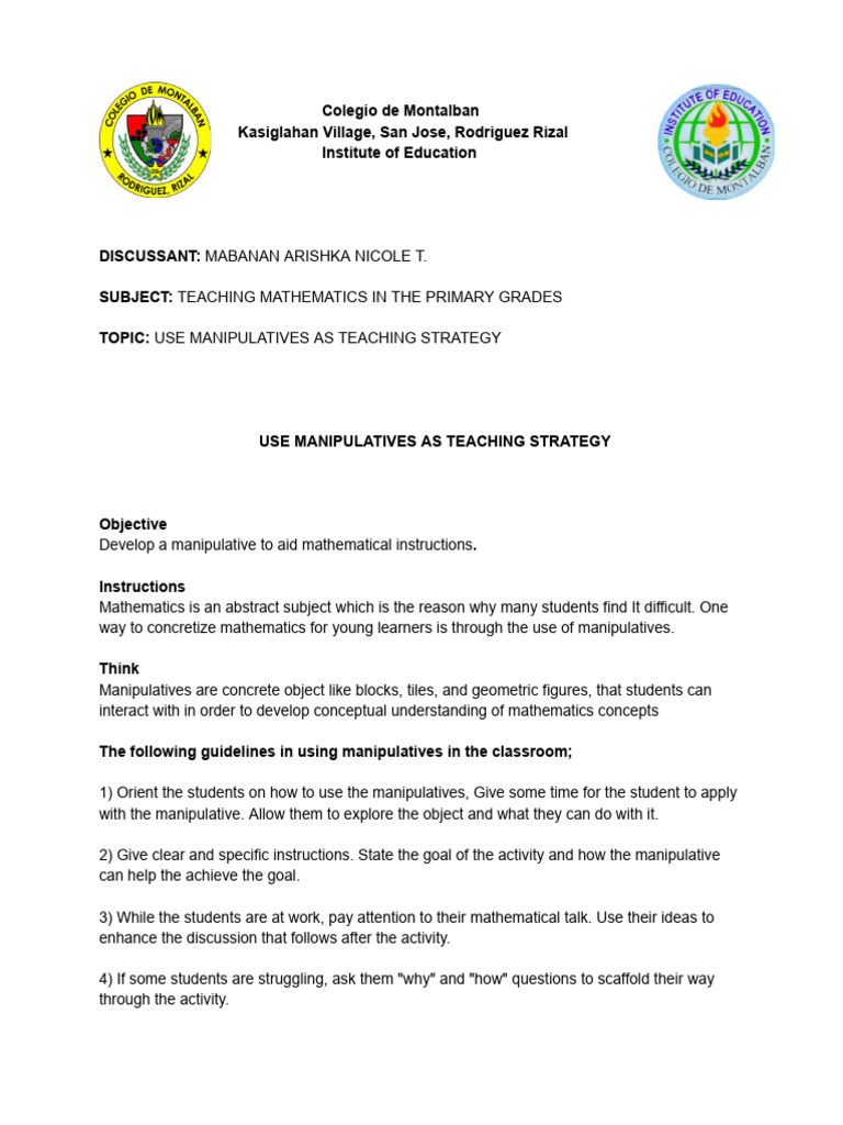 Use Manipulatives As Teaching Strategy | PDF | Career & Growth | Social ...