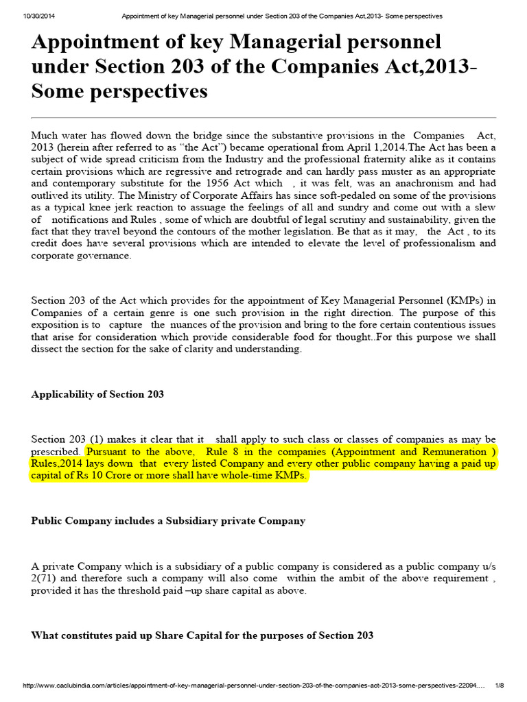 Appointment of Key Managerial Personnel Under Section 203 of The ...