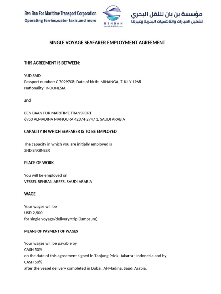 Model Format For Seafarer Employment Agreement | PDF | Employment ...