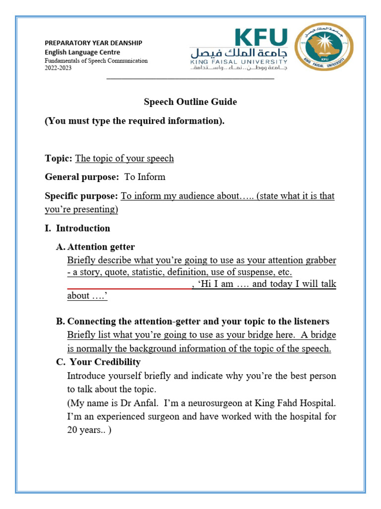 138 Speech Outline Guide 2024 | PDF | Communication | Linguistics