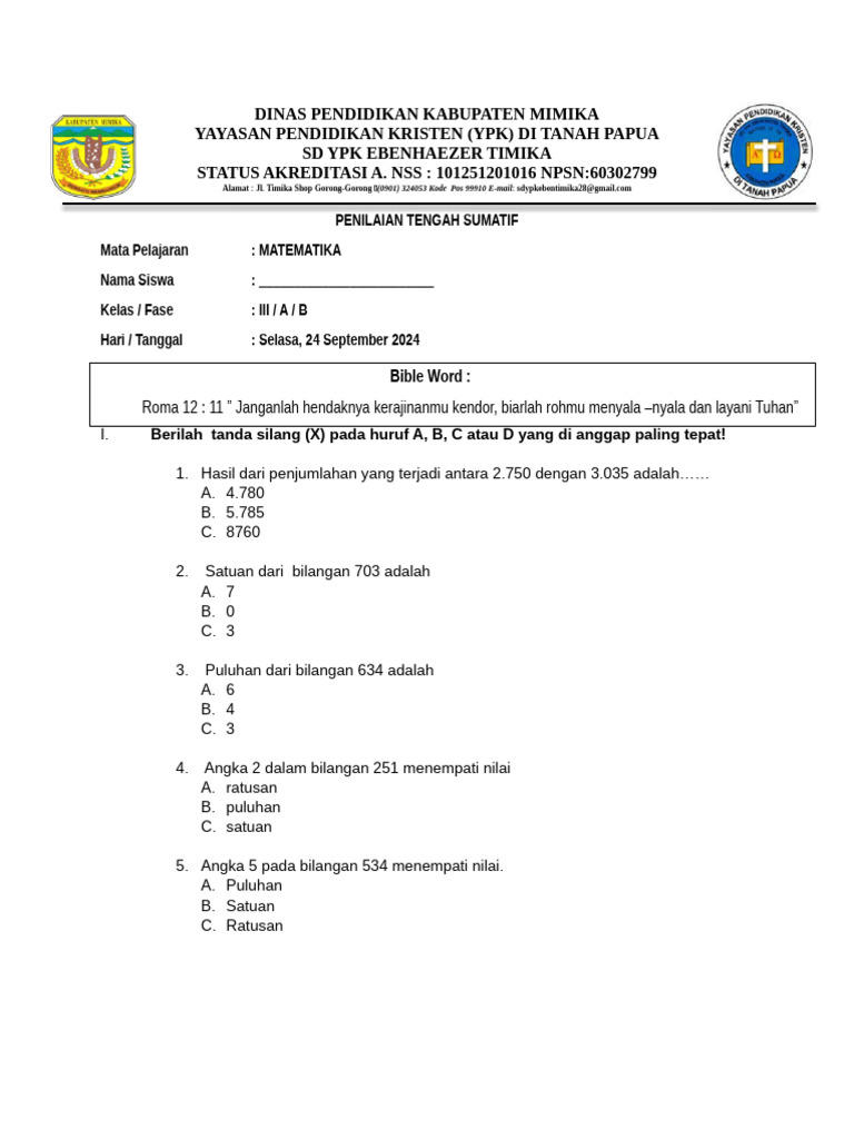 Naskah Soal MTK Kls 3 | PDF
