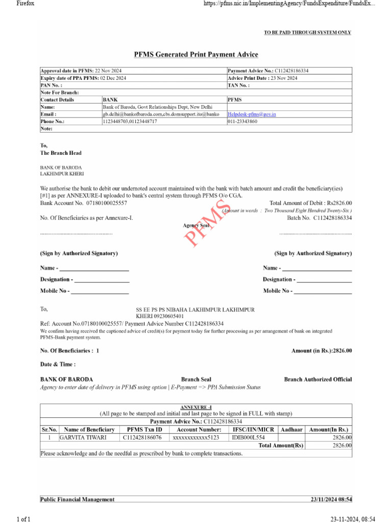 PFMS Generated Print Payment Advice: To, The Branch Head | PDF | Business | Corporate Jargon