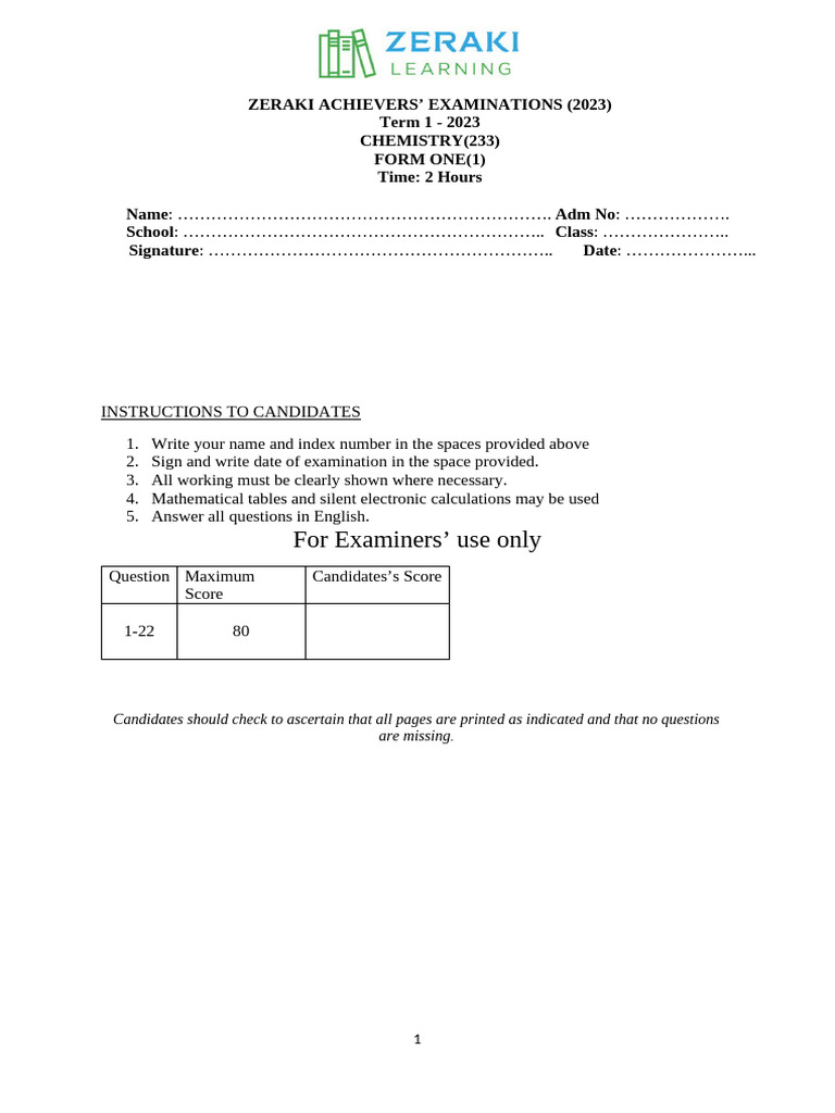 Chemistry - Chemistry Form 1 - Marking Scheme | PDF | Chemistry | Materials