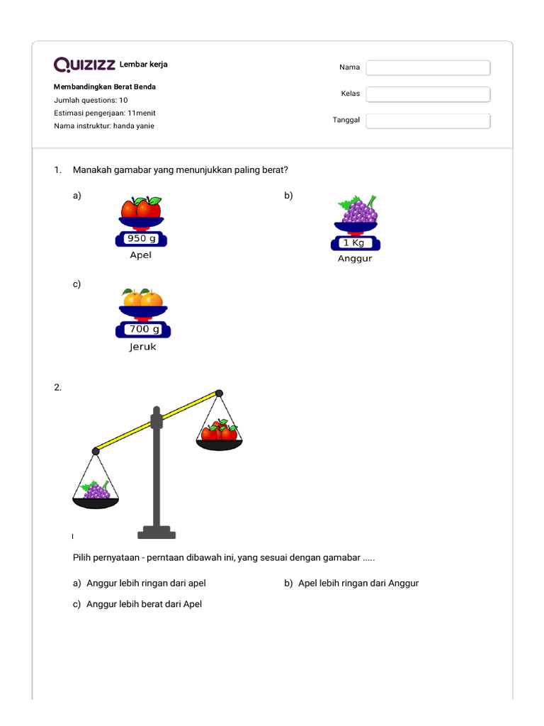 Quizizz - Membandingkan Berat Benda | PDF