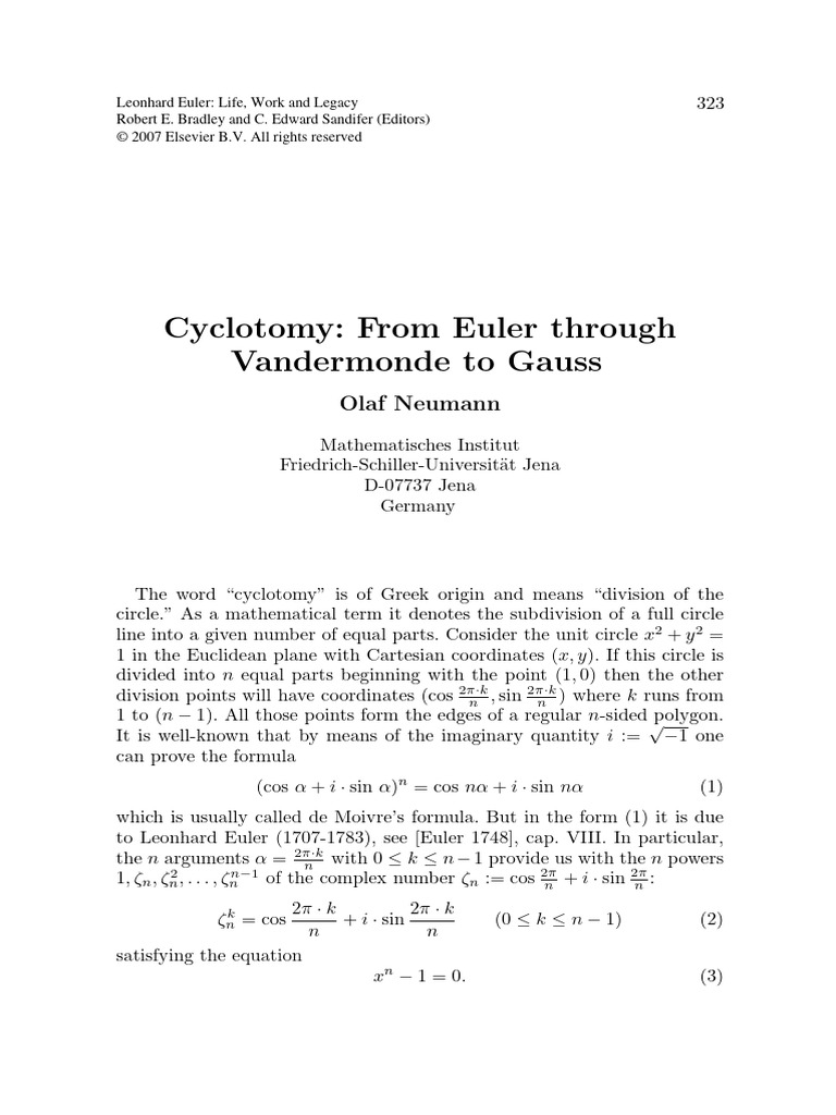 Cyclotomy: From Euler Through Vandermonde To Gauss: Olaf Neumann | PDF ...