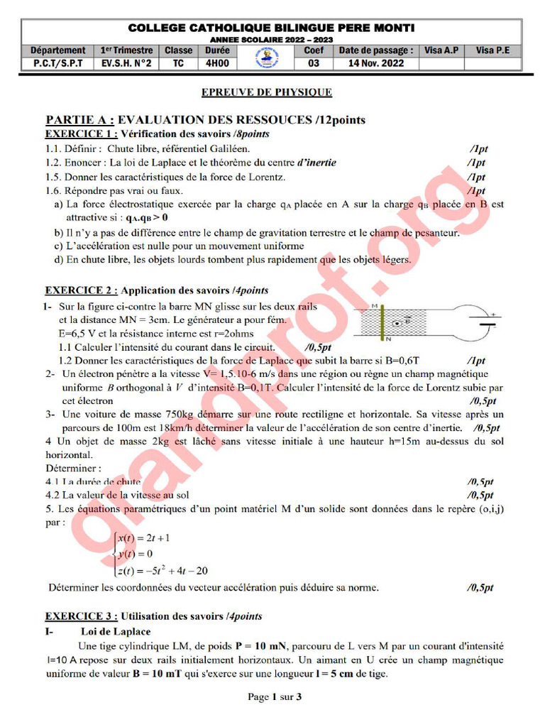 Physique TleC Evaluation2 College Bilingue Pere Monti 2022 2023 | PDF