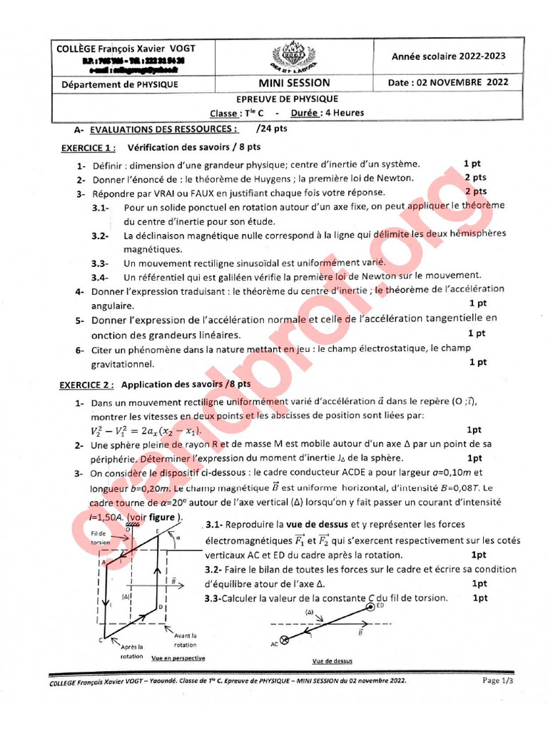Physique TleC Mini Session College Vogt Novembre 2022 | PDF