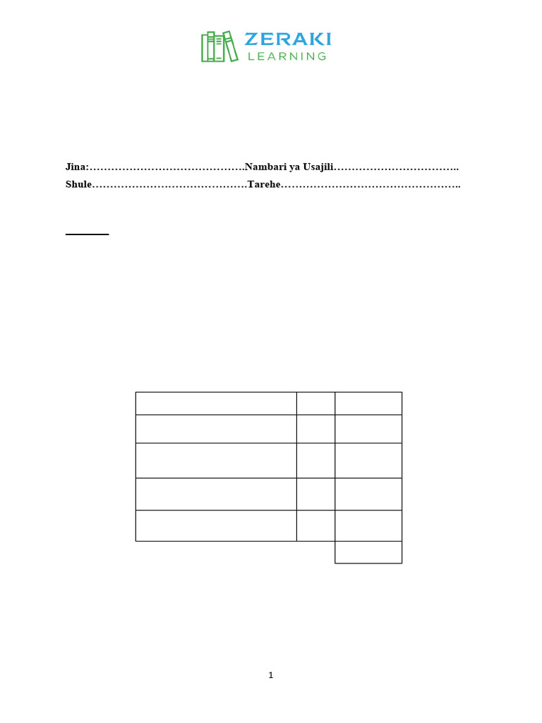 Kiswahili - Kiswahili Form 1 - Zeraki Achievers 4.0 - Question Paper | PDF