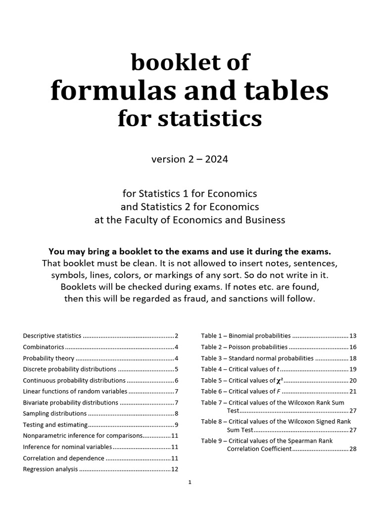 Stat 2024 Formulas and Tables For Statistics v2 | PDF | Statistics ...