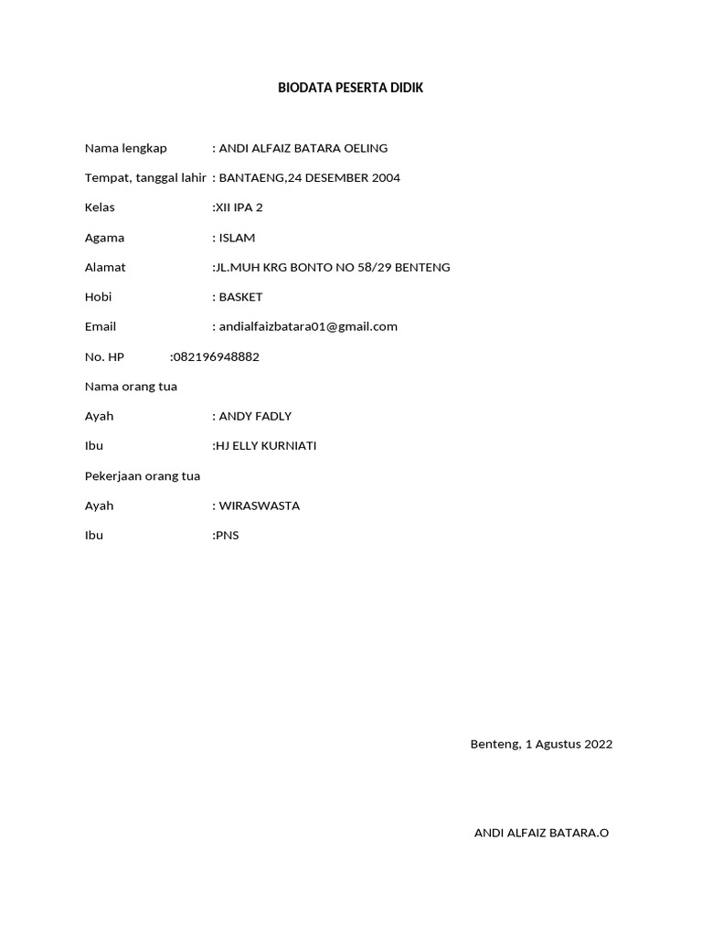 Biodata Peserta Didik Xii Ipa 2 | PDF
