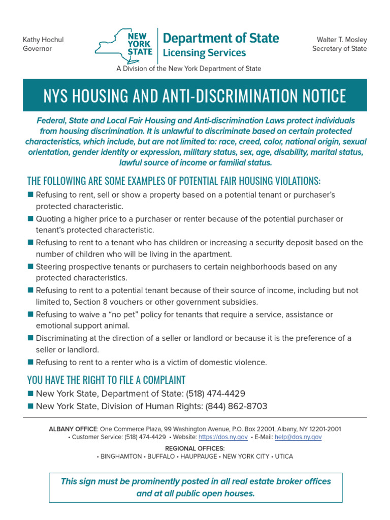 Nys Housing and Discrimination Notice | PDF | Discrimination ...