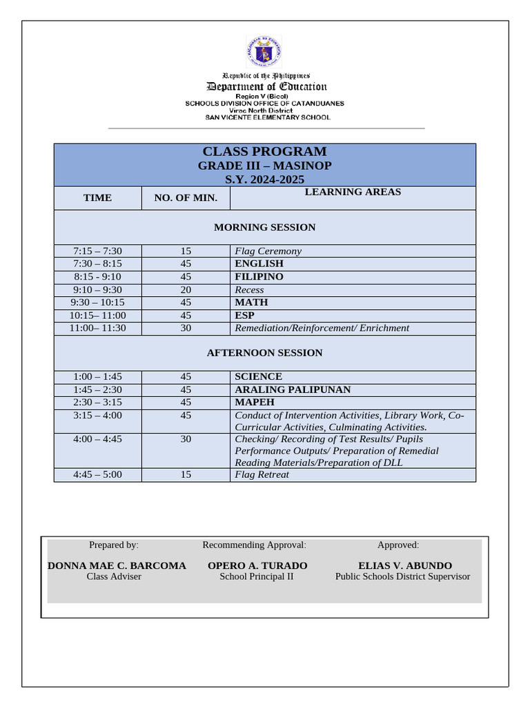 Grade 3 Class Program 2024-2025 | PDF