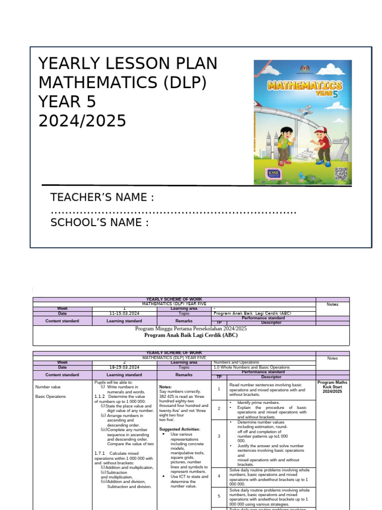 Year 5 Mathematics Yearly Plan 2024 | PDF | Numbers | Mathematics