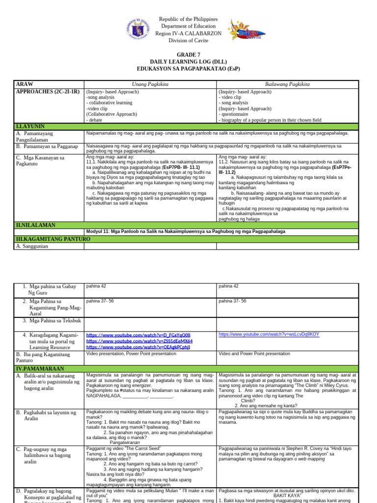 Grade 7 Daily Learning Log (DLL) Edukasyon Sa Pagpapakatao (Esp) Araw ...