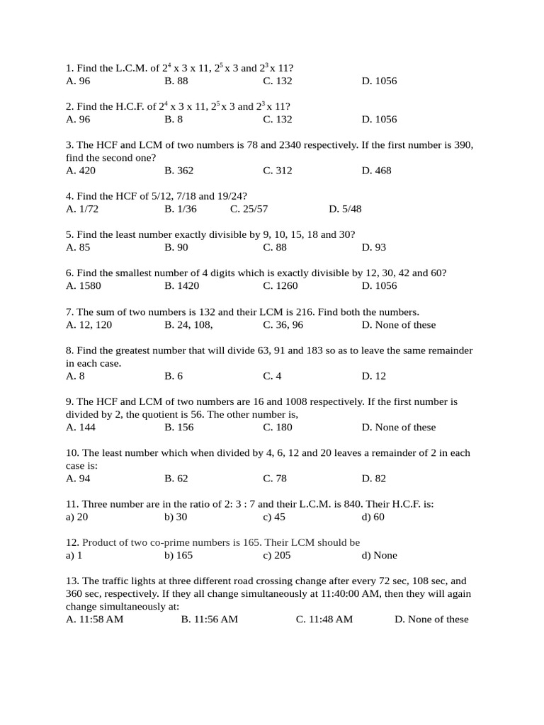 HCF and LCM - Worksheet | PDF