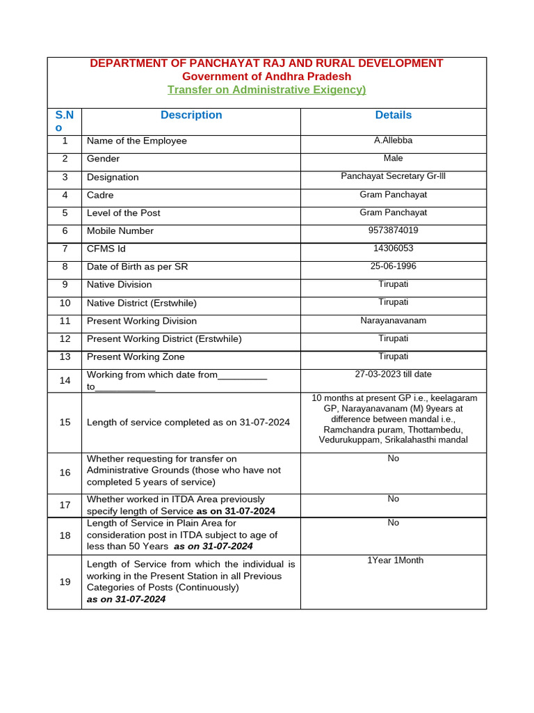 Transfer On Administraive Exigency Proforma | PDF