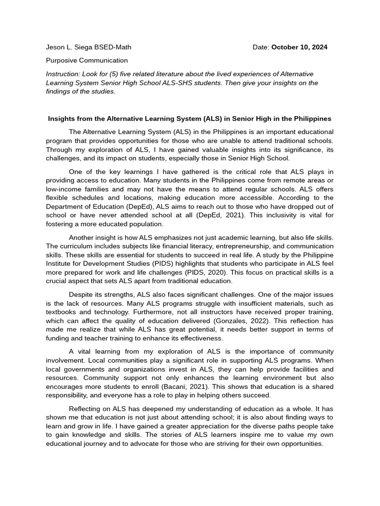 Siega Jeson - ALS SHS Reflection | PDF | Learning | Cognition