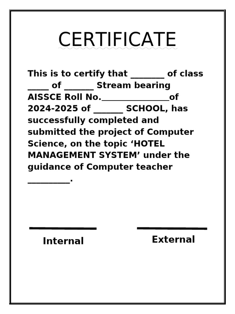 Hotel Management System Project Certificate | PDF