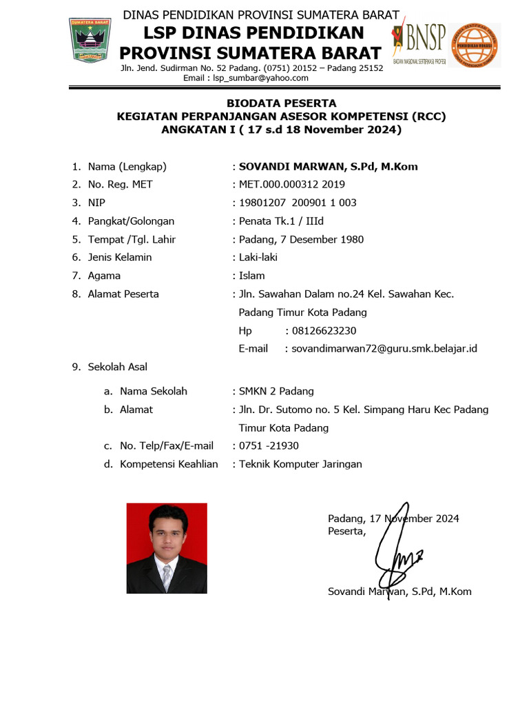 BIODATA - PESERTA - RCC - 1 Sovandi Marwan | PDF