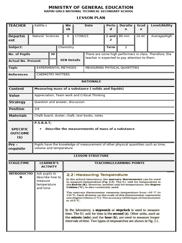Chemistry Lesson Topic Plans | PDF | Temperature | Experiment