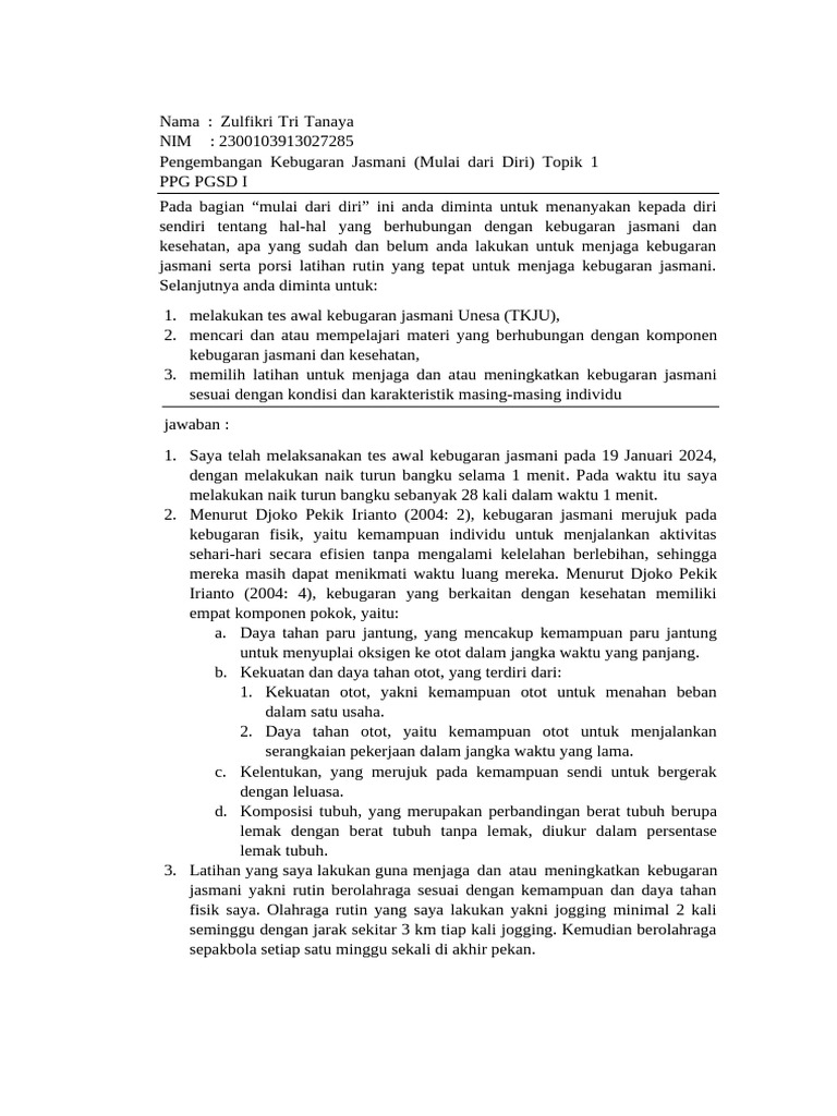 Pengembangan Kebugaran Jasmani (Mulai Dari Diri) Topik 1 | PDF