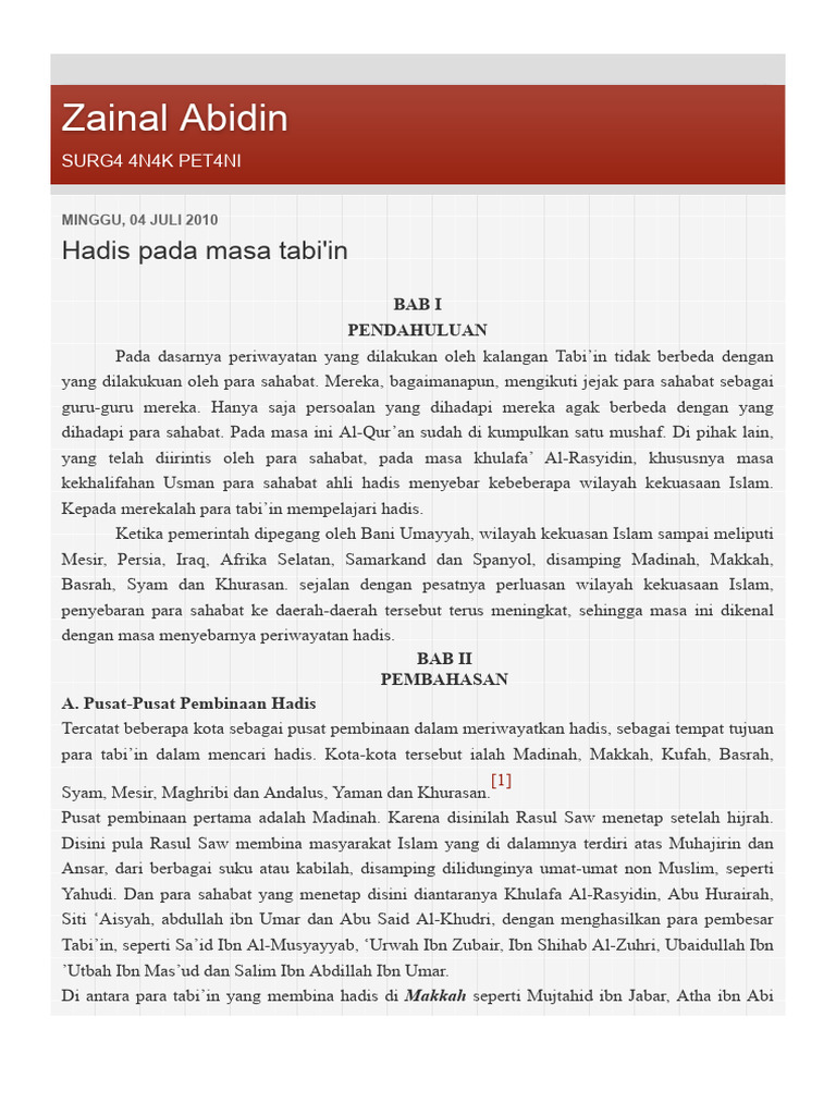 Zainal Abidin - Hadis Pada Masa Tabi'In | PDF | Agama & Spiritualitas