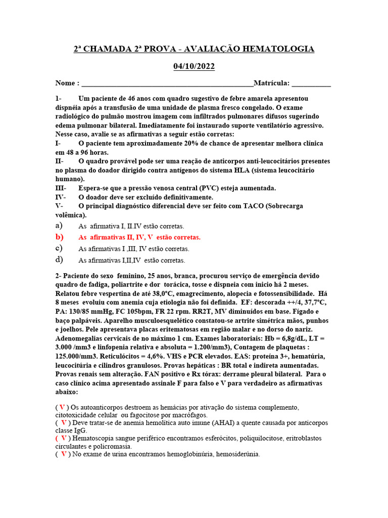 2a Chamada Hematologia | PDF | Anemia | Mieloma Múltiplo