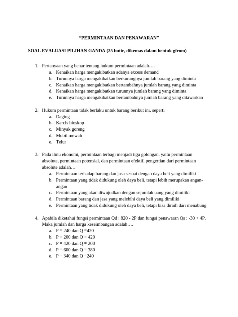 Soal Permintaan Dan Penawaran | PDF | Bisnis | Pengelolaan Keuangan & Uang